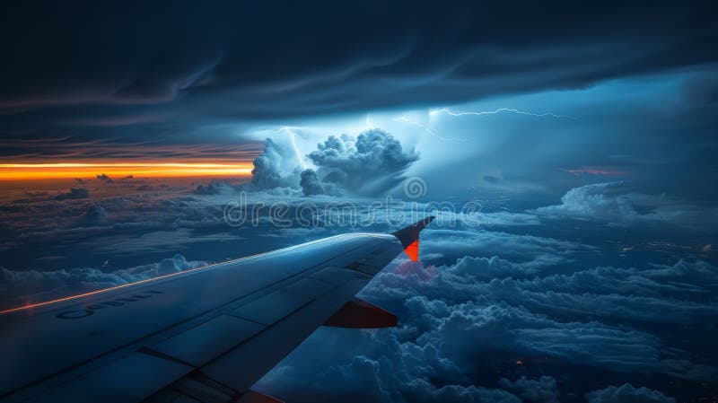 View Across Plane Wing, Flying Over Storm Clouds and Lightning in Sky ...
