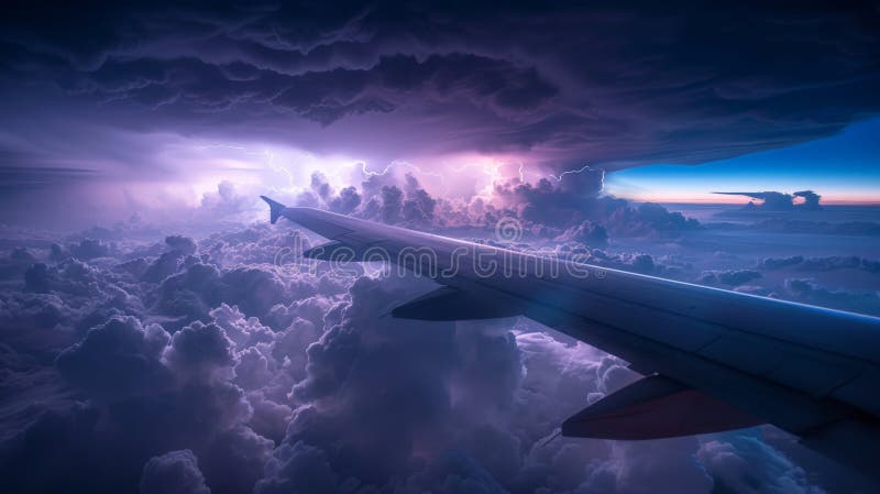 View Across Plane Wing, Flying Over Storm Clouds and Lightning in Sky ...