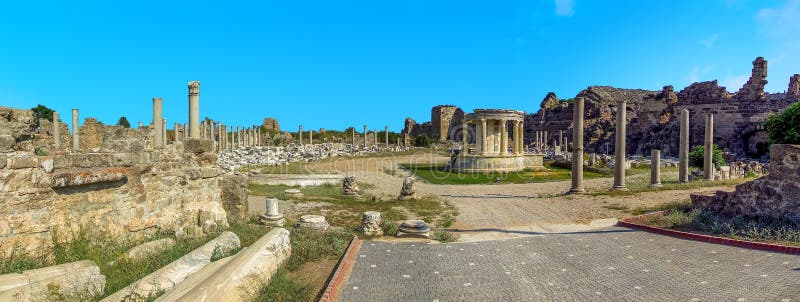 A View Across the Roman Ruins in Side, Turkey Stock Photo - Image of ...