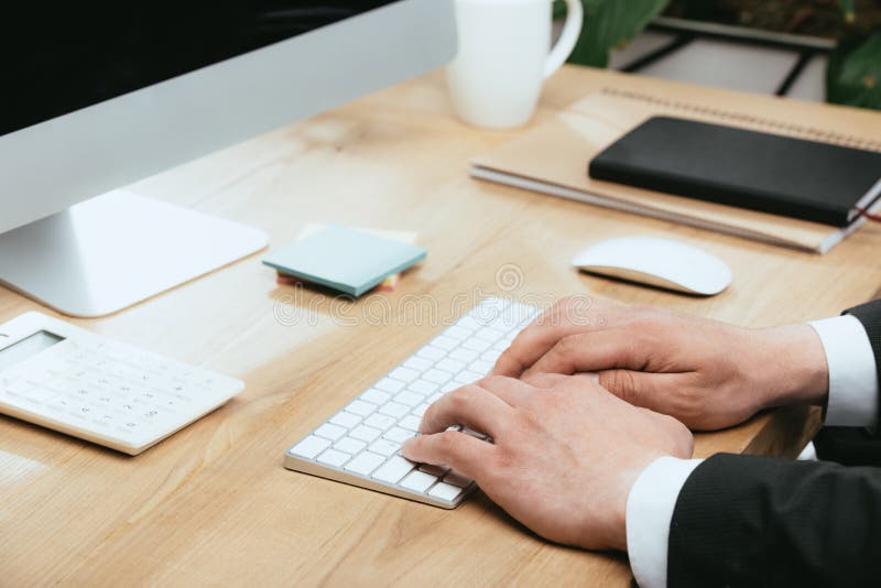 View of Adult Man Using Computer Keyboard in Office Stock Image - Image ...