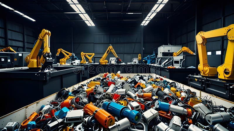 Advanced Robotic Arms Sorting Waste in a High-tech, Clean Recycling Center Stock Illustration ...