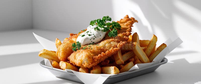 View of Aesthetic Fried Fish and Chips with Garnish on Top and Sauce ...