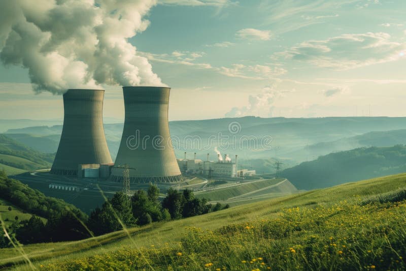View from Afar of a Nuclear Power Plant, Operating Nuclear Reactors ...