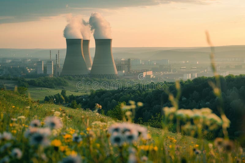 View from Afar of a Nuclear Power Plant, Operating Nuclear Reactors ...