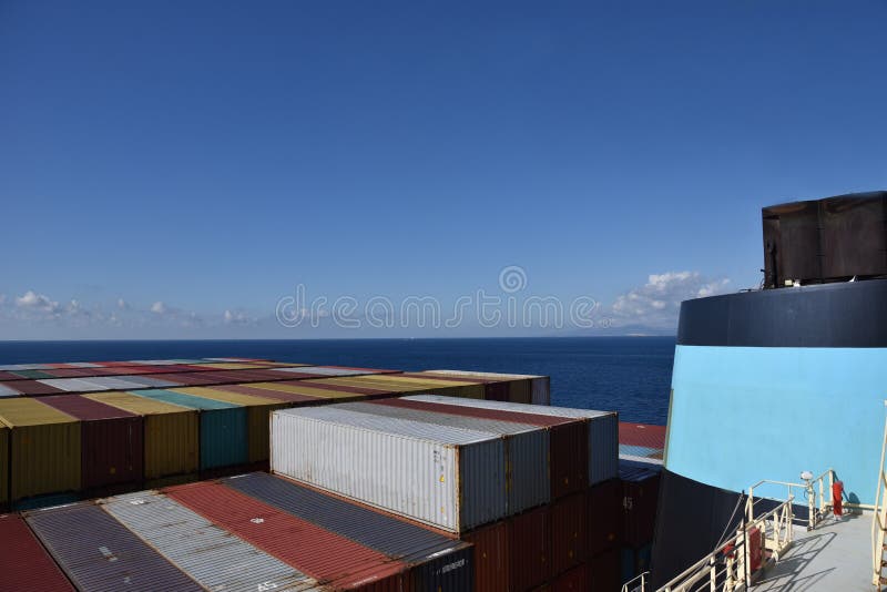 View on the Aft Part of the Ship with Funnel and with Loaded Containers ...