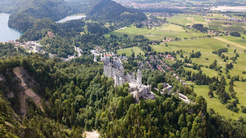 View from the Air To the Castle of Neuschwanstein Castle in the Alpine ...