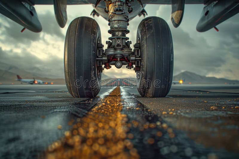 View of Aircraft Wheels on Runway with Dramatic Clouds and Distant ...