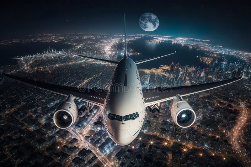 View of Airplane Against Sky at Night with Many Lights. Generative Ai ...