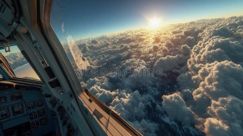 View from Airplane Cockpit at Sunset Above Dramatic Clouds, Capturing a ...