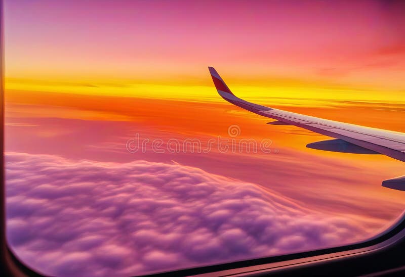 View from the Airplane Window at a Beautiful Sunset and the Airplane ...