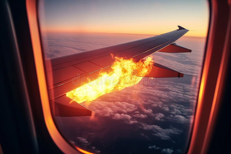 View from the Airplane Window of a Burning Airplane Engine during ...