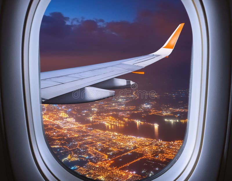View of the Airplane Window at Night Stock Illustration - Illustration ...