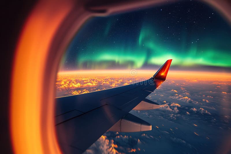 View from the Airplane Window To the Wing and Night Landscape with the ...