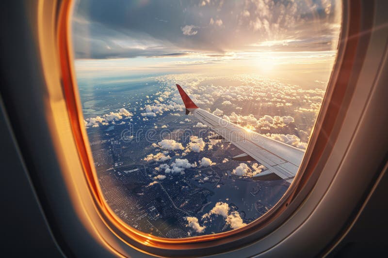 View of Airplane Wing during Sunset from Cabin Window Stock Image ...