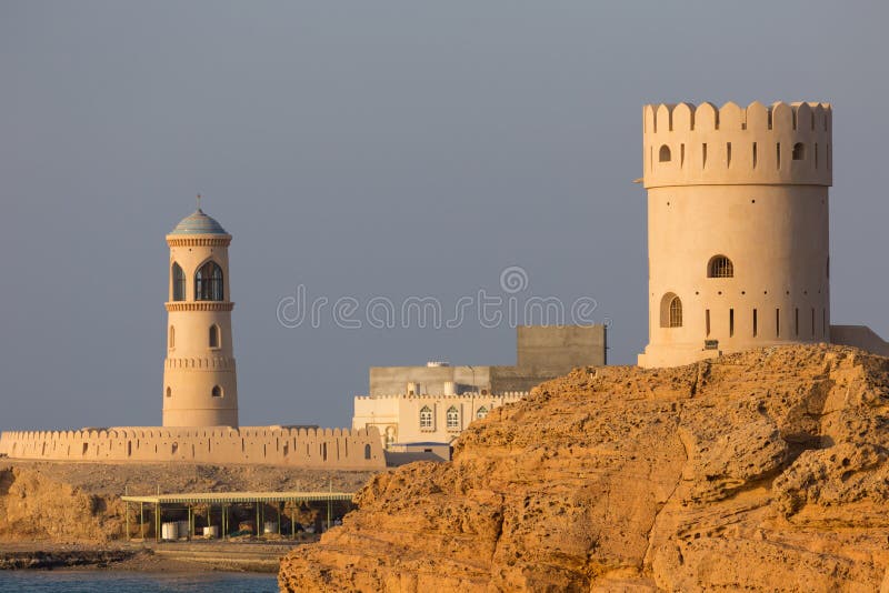 Watchtower and Lighthouse in the Bay of Sur, Oman Stock Image - Image ...