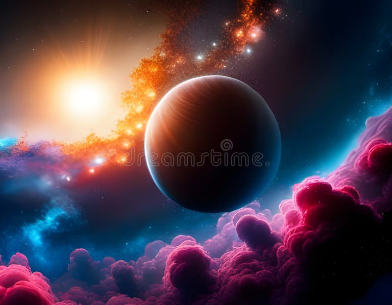 View of an Alien Planet Orbiting a Star with Galaxies and Glowing ...