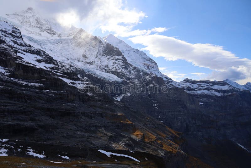 View of Alp Mountain in Autumn Have Snow on Top Hill Stock Photo ...