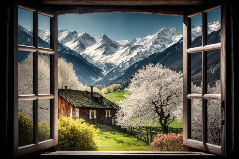 View of the Alpine Mountains in Spring from an Open Window. Generative ...