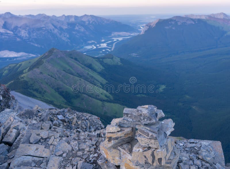 View on Alpine Valley during Sunset, Rimwall Summit, Canada Stock Photo ...