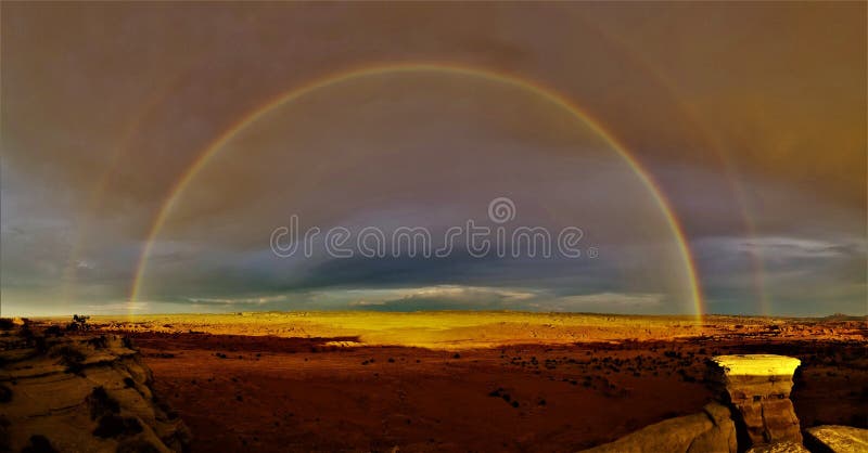 View of an Amazing Double Rainbow Over a Valley Stock Photo - Image of ...