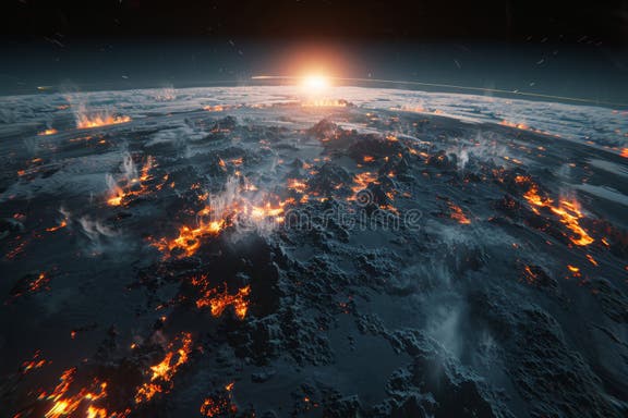 View of Apocalyptic Earth in Space Explosions, Fire, and Destruction on ...