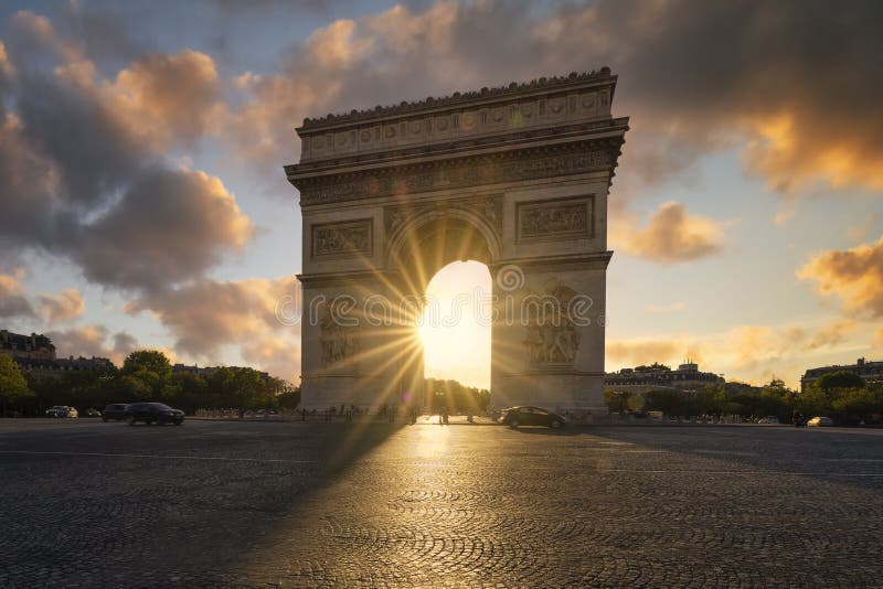 Arc De Triomphe at Sunset, Paris Stock Image - Image of illuminated ...