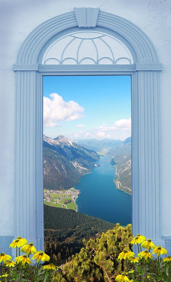 View through Arched Door, Lake View in the Alps Stock Photo - Image of ...