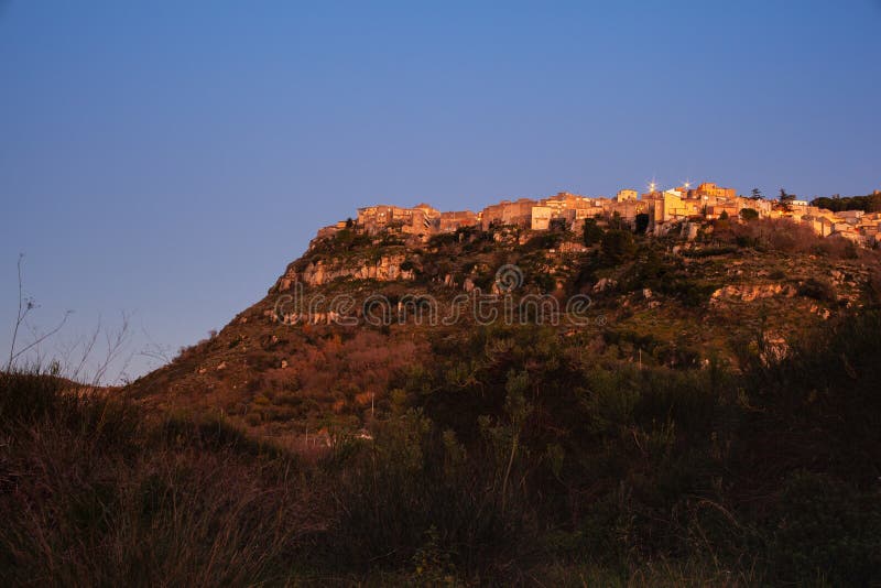 View of Assoro at Sunset, Sicily Stock Image - Image of town, village ...