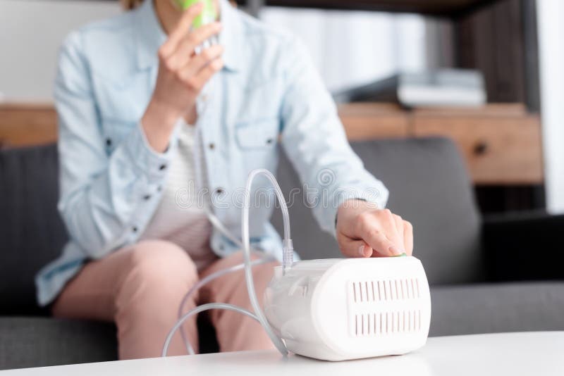 View of Asthmatic Woman Using Compressor Stock Image - Image of adult ...
