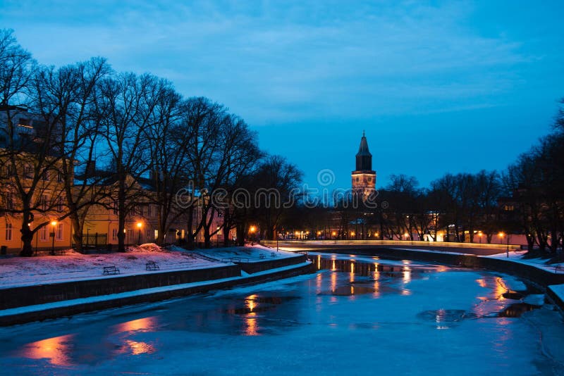View of Aura River at Night with Turku Cathedral Stock Image - Image of ...