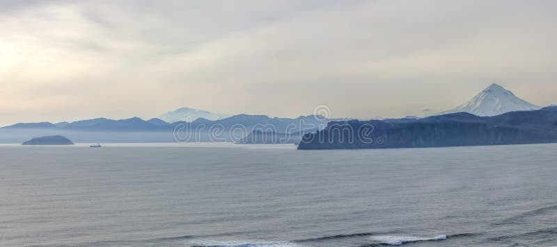 View of Avacha Bay and Vilyuchinsky Volcano on Kamchatka Peninsula ...
