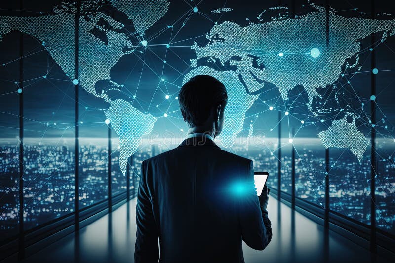 View from the Back of a Businessman Using Mobile Smart Phone. Global ...