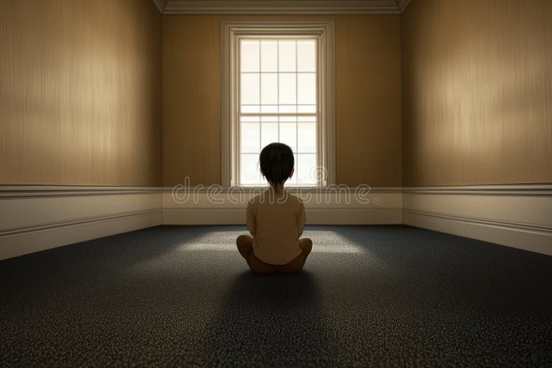 A View from the Back of a Child Sitting Alone in a Large Empty Room, a ...