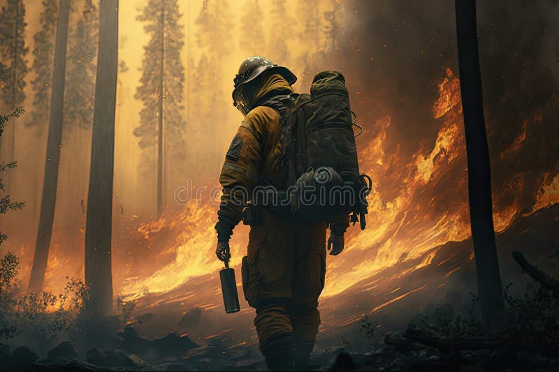 View from the Back of a Fireman Against the Backdrop of a Burning ...