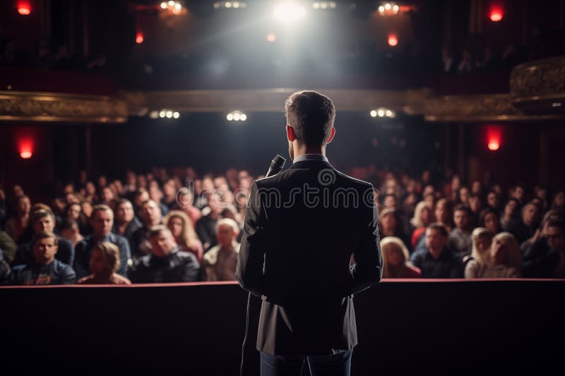 Man Having Speech or Singing in Microphone Back View. Generative AI ...