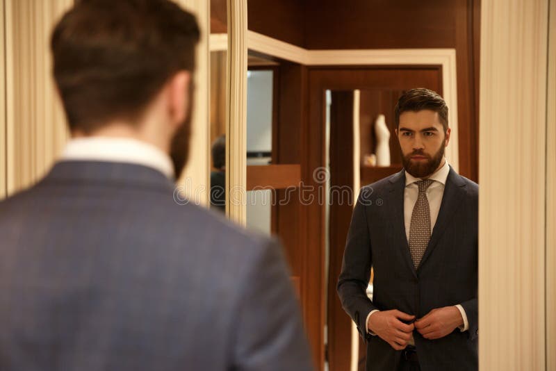 View from Back of Man Looking at the Mirror Stock Photo - Image of ...
