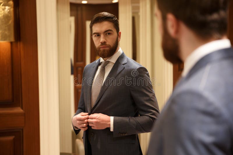 View From Back Of Serious Man Looking At The Mirror Stock Photo - Image ...