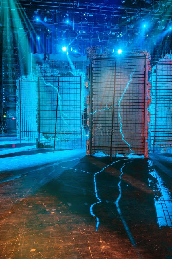 View from the Backstage of Theater, Blue Lights Brakes through the ...