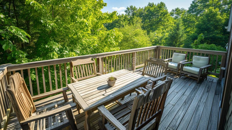 View of Backyard Deck with Wooden Table Set and Green Forest. Ai ...