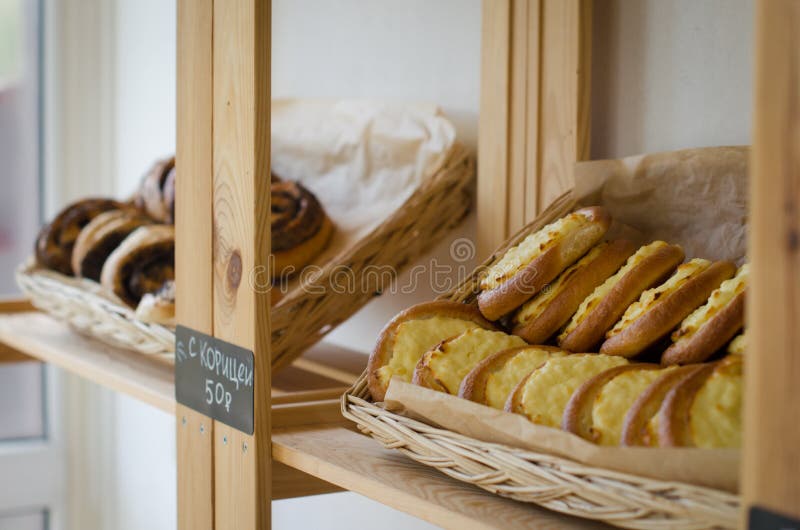 View on Bakery Wooden Counter with Different Pastries and Bread ...