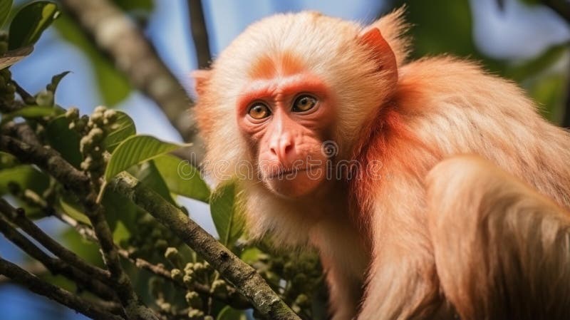 View of a Bald Uakari Monkey in Trees in the Amazon Rainforest Near ...