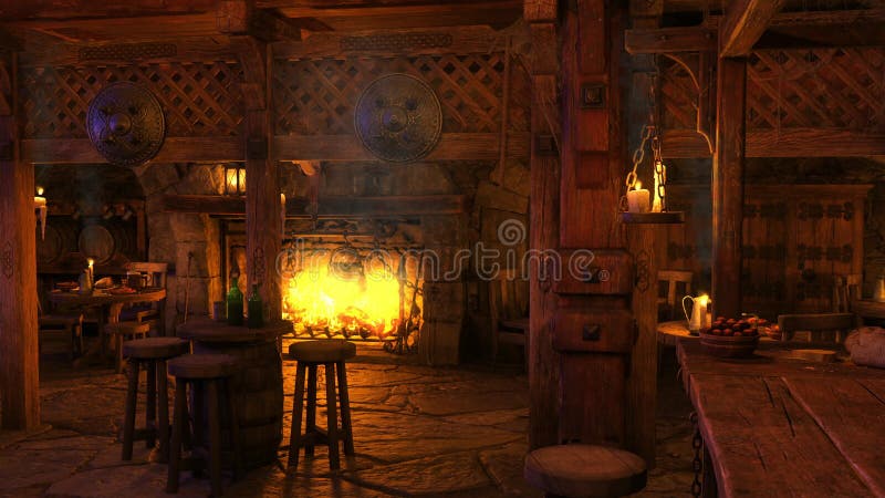 View from the Bar in an Old Fantasy Medieval Tavern with Candle Light ...