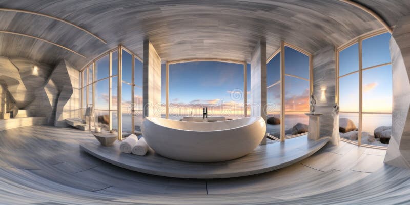 A 360 - View of a Bathroom with Large Windows, AI Stock Image - Image ...