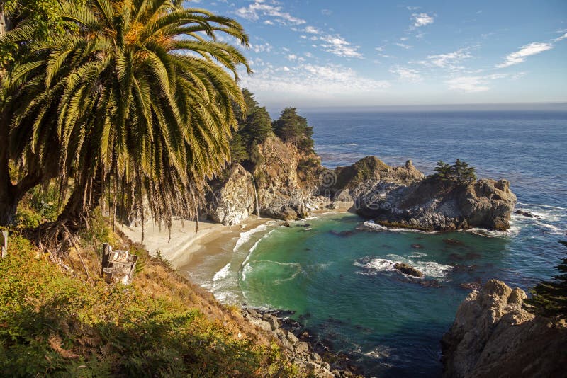 View on Bay with Waterfall at Big Sur, California Stock Image - Image ...