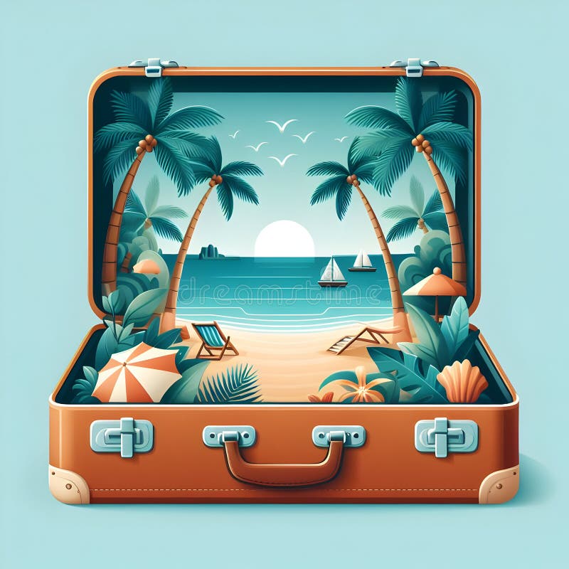 View of Beach Inside Open Suitcase Vacation Poster Stock Illustration - Illustration of ...