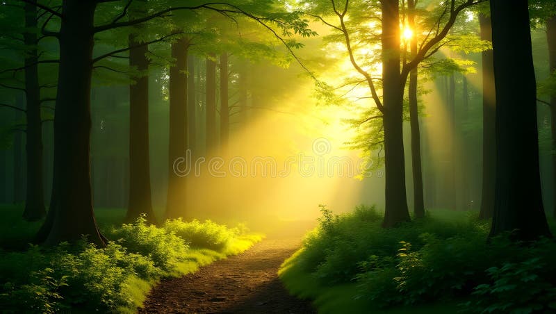 Beautiful Rays of Sunlight in a Green Forest Stock Illustration ...