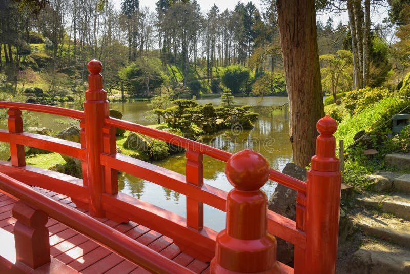 View on a Beautiful Red Bridge in a Park Stock Image - Image of deux ...