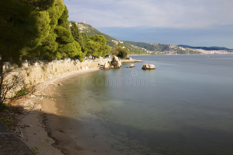 View of the Beautiful Trieste with Its Beacon and the Gulf at Sunset ...