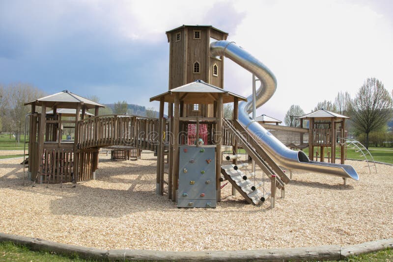 View of a Beautiful Wooden Playground Stock Photo - Image of house ...