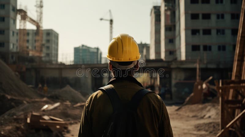 View from Behind, Construction Worker in Yellow Helmet at Work Stock ...